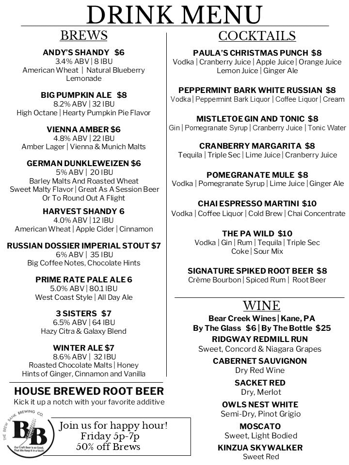 Our Menu – The Brew Bank Brewing Co.