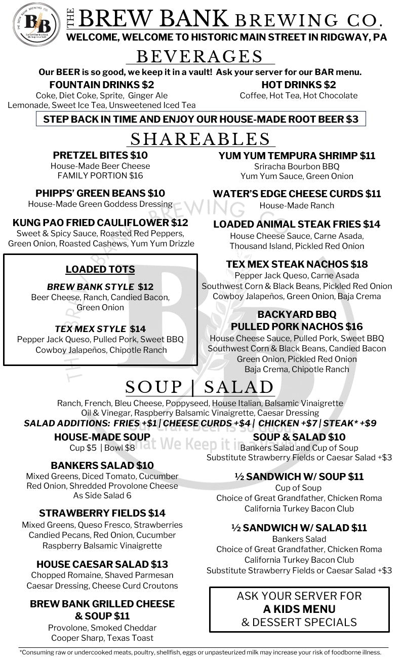 Our Menu – The Brew Bank Brewing Co.